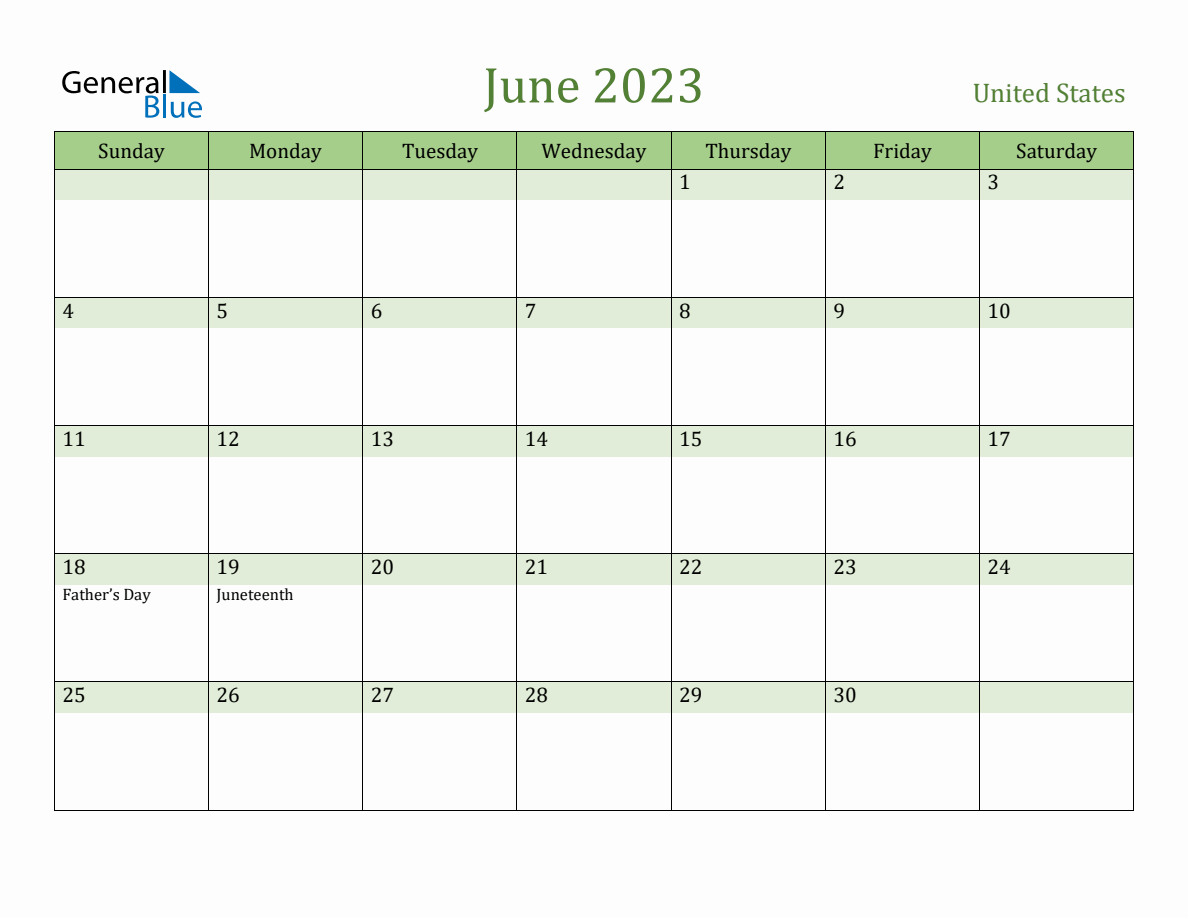 Fillable Holiday Calendar for United States - June 2023