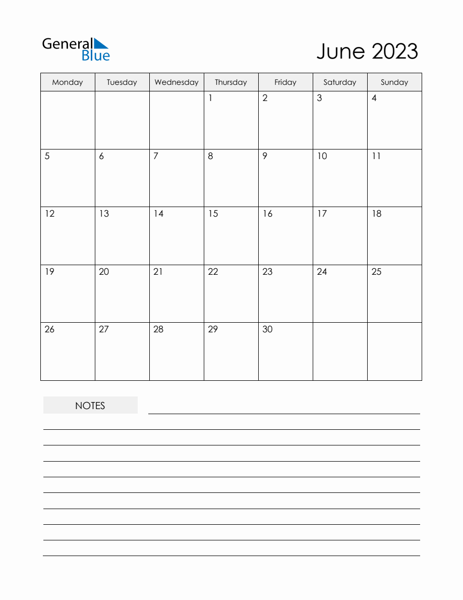 June 2023 Monthly Planner Calendar - Monday Start