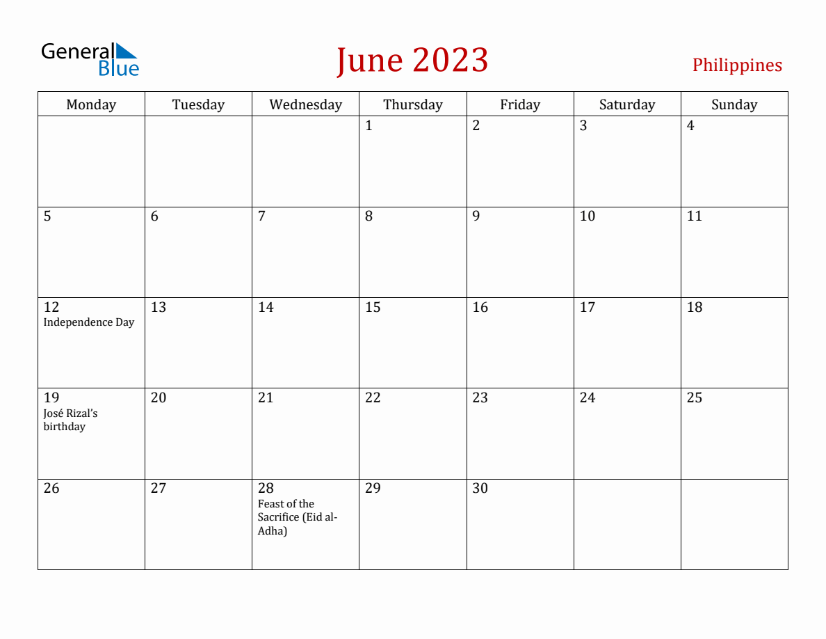 June 2023 Philippines Monthly Calendar with Holidays (Monday Start)