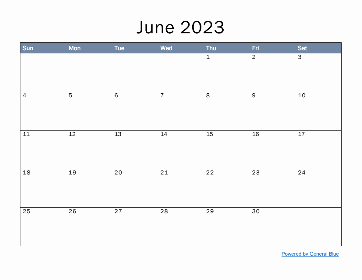 Monthly Calendar Template for June 2023