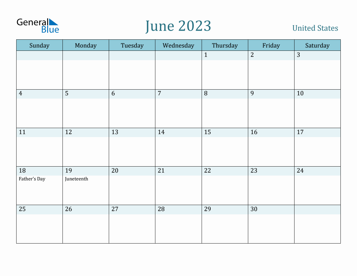 United States Holiday Calendar for June 2023
