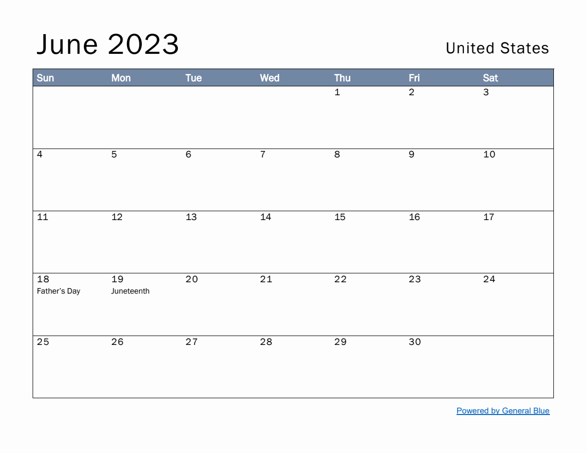 Free Monthly Calendar Template for June 2023 with United States Holidays