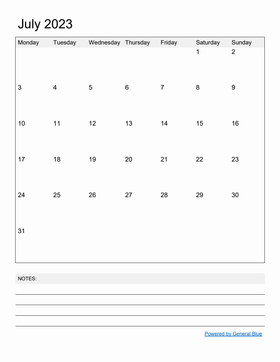 Free Printable Monthly Calendar for July 2023 - Monday Start