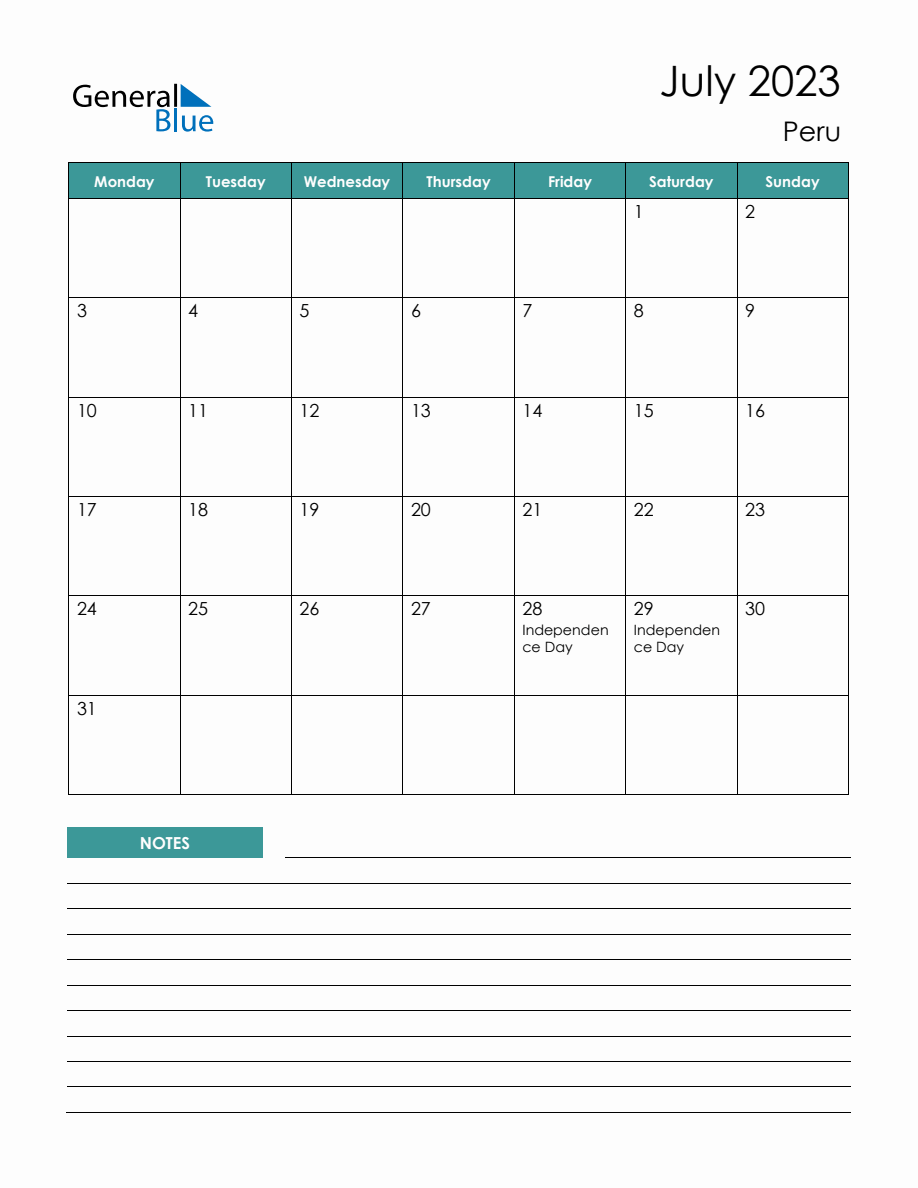 Monthly Planner with Peru Holidays - July 2023