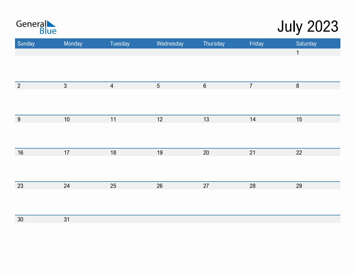 Editable Calendar Template for July 2023