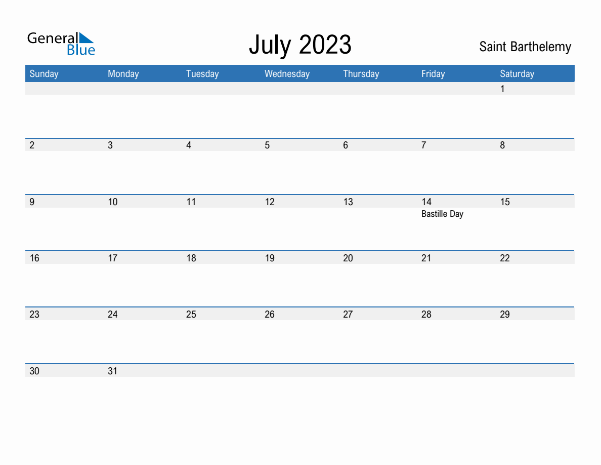 July 2023 Monthly Calendars with Saint Barthelemy Holidays