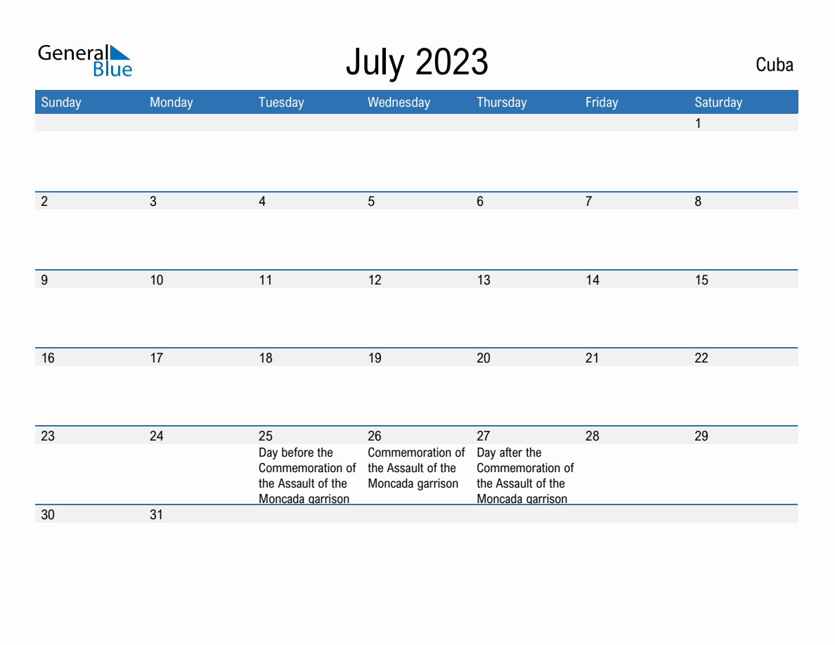 July 2023 Monthly Calendar with Cuba Holidays