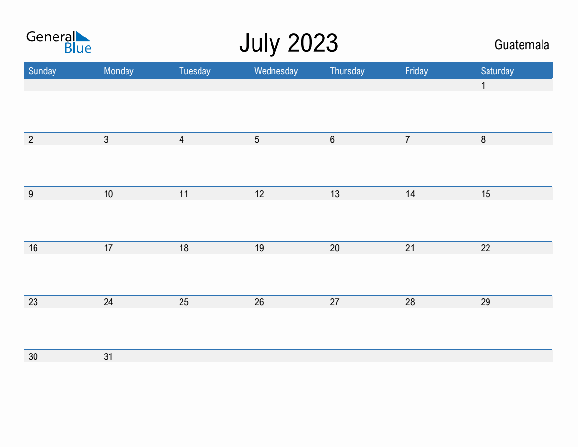 July 2023 Monthly Calendar with Guatemala Holidays