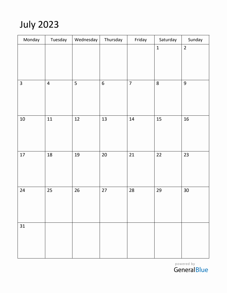 Editable July 2023 Monthly Calendar - Monday Start