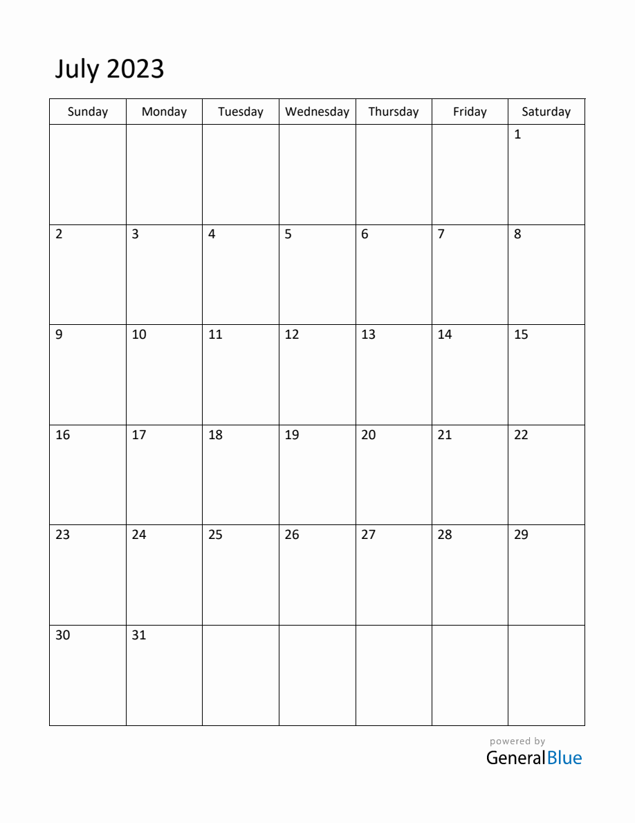 Editable July 2023 Monthly Calendar