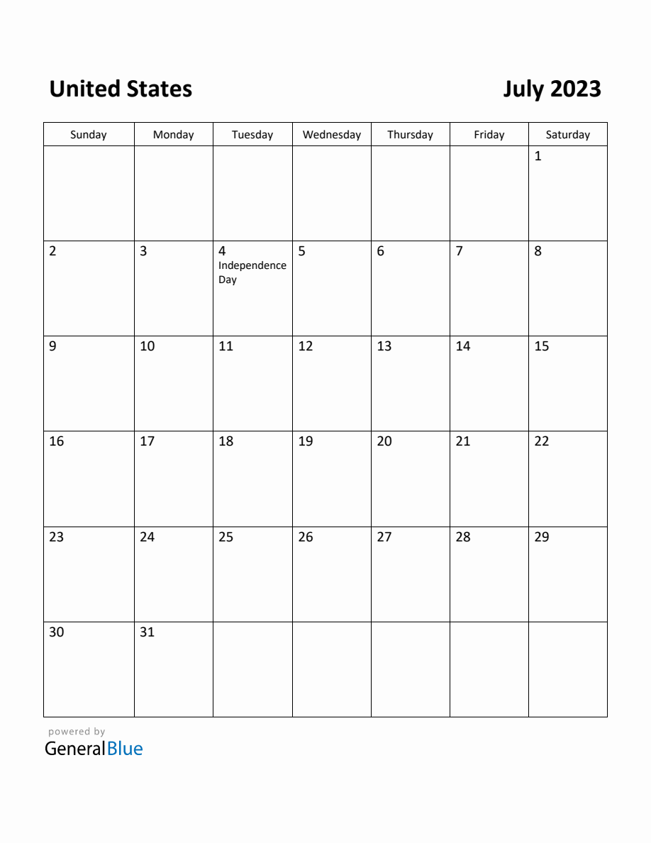 Free Printable July 2023 Calendar for United States