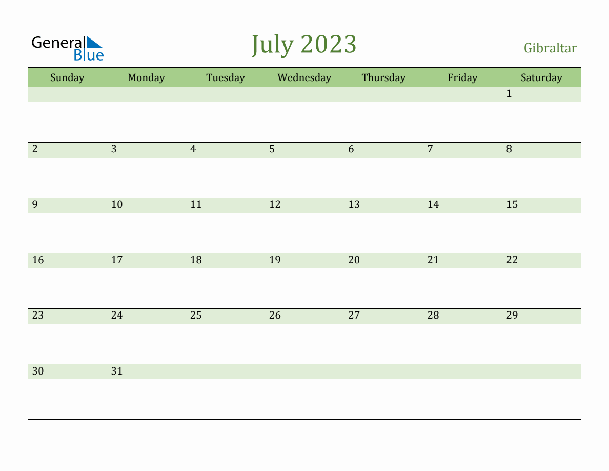 Fillable Holiday Calendar for Gibraltar - July 2023