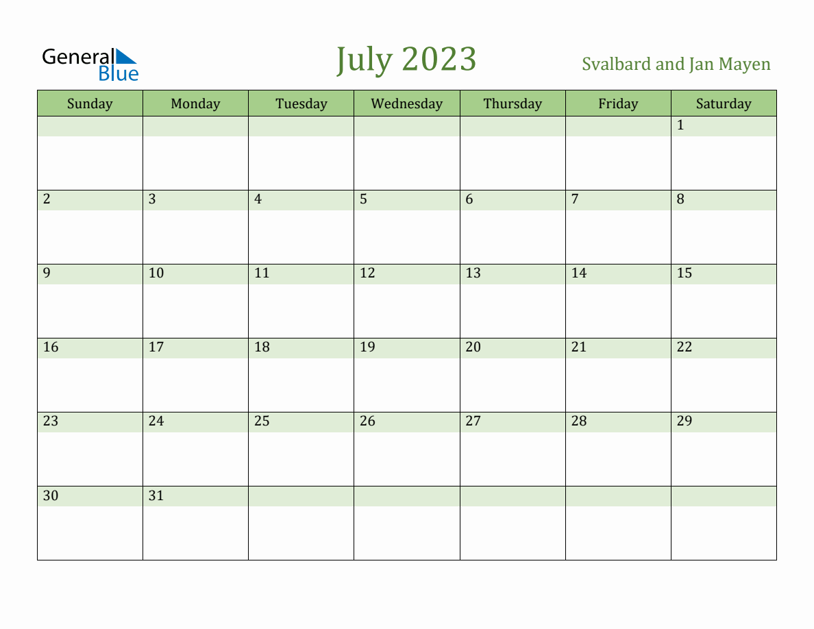 Fillable Holiday Calendar for Svalbard and Jan Mayen - July 2023