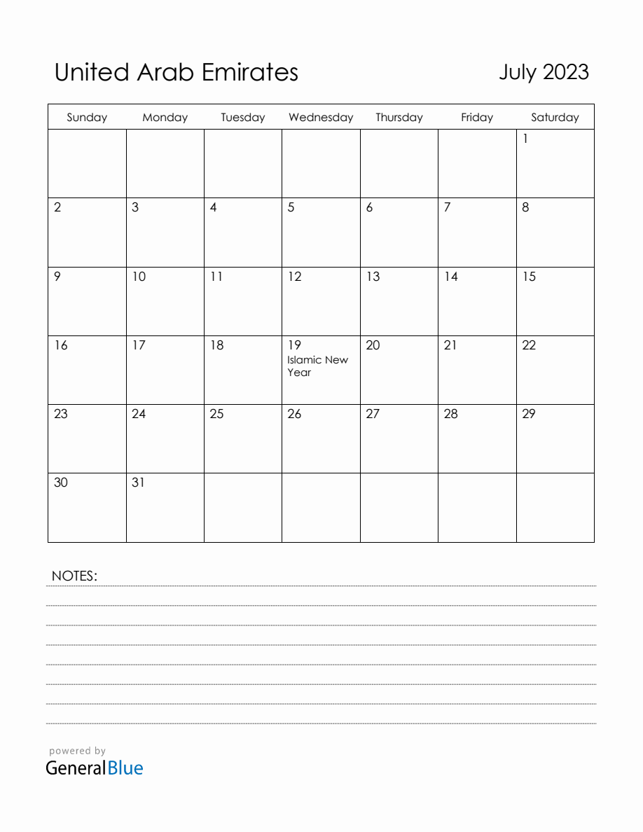 July 2023 United Arab Emirates Calendar with Holidays