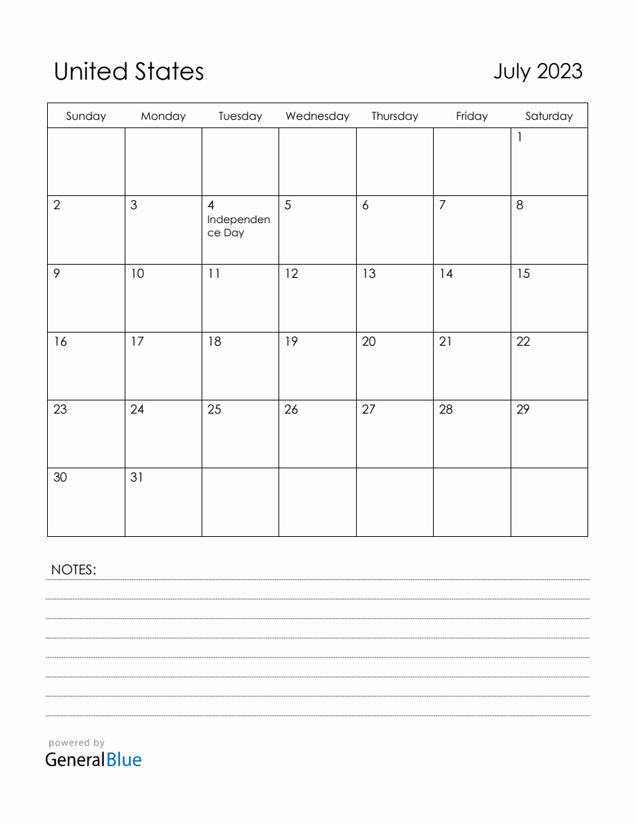 July 2023 United States Calendar with Holidays