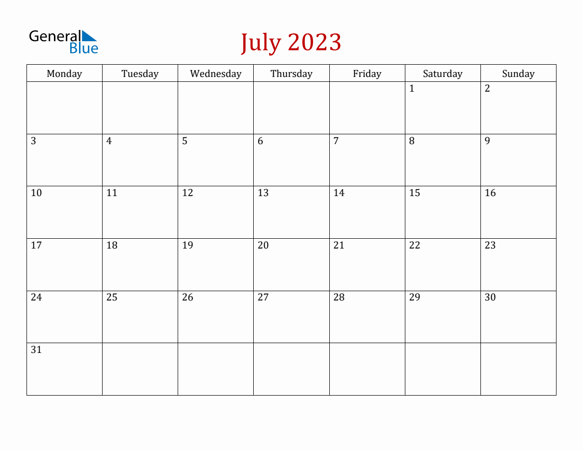 July 2023 Simple Calendar - Monday Start