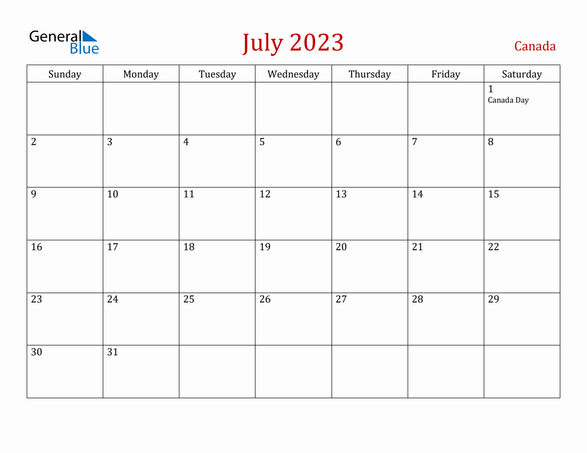 July 2023 Canada Monthly Calendar with Holidays