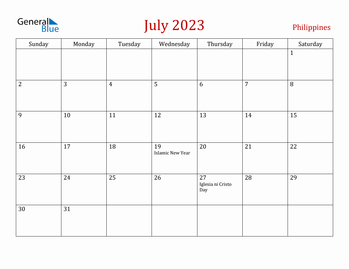 July 2023 Philippines Monthly Calendar with Holidays