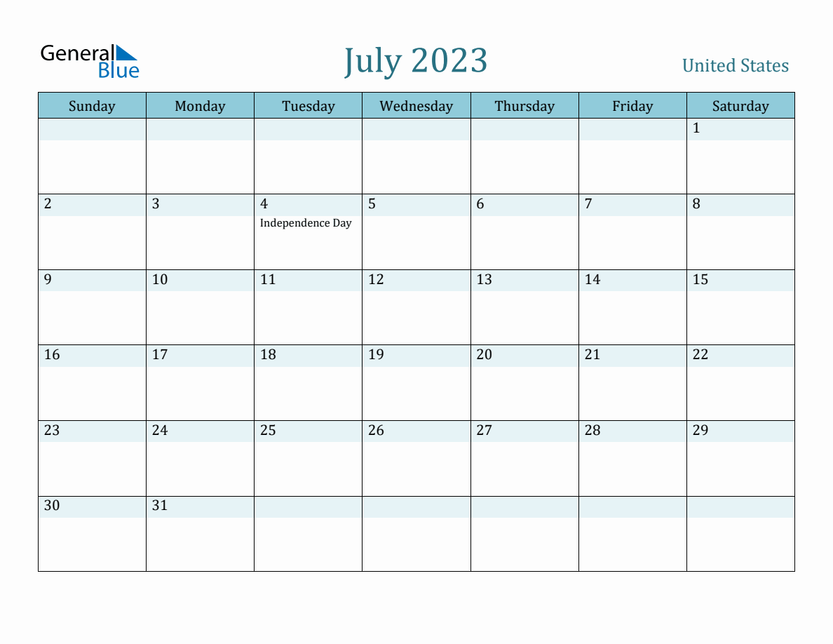 United States Holiday Calendar for July 2023