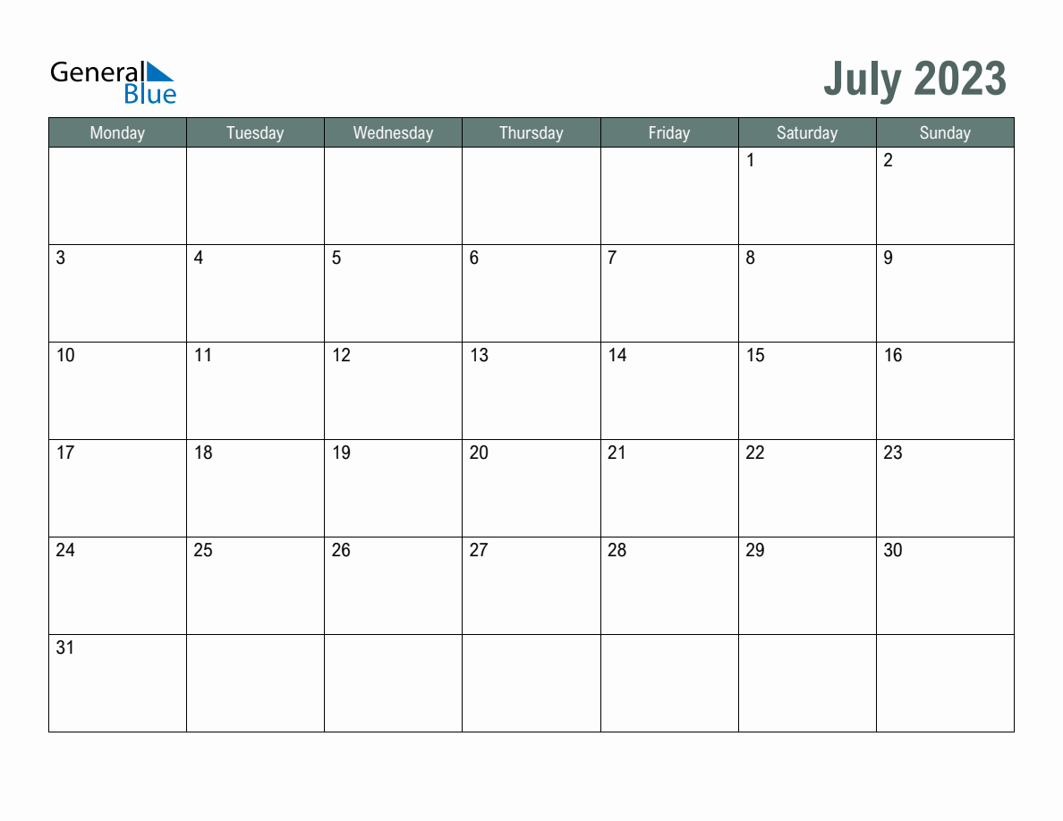 Blank July 2023 Monthly Calendar Template - Monday Start