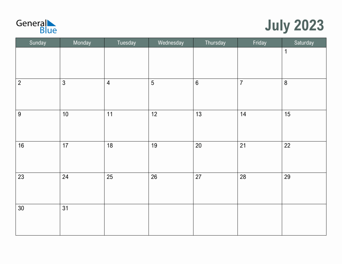 Blank July 2023 Monthly Calendar Template