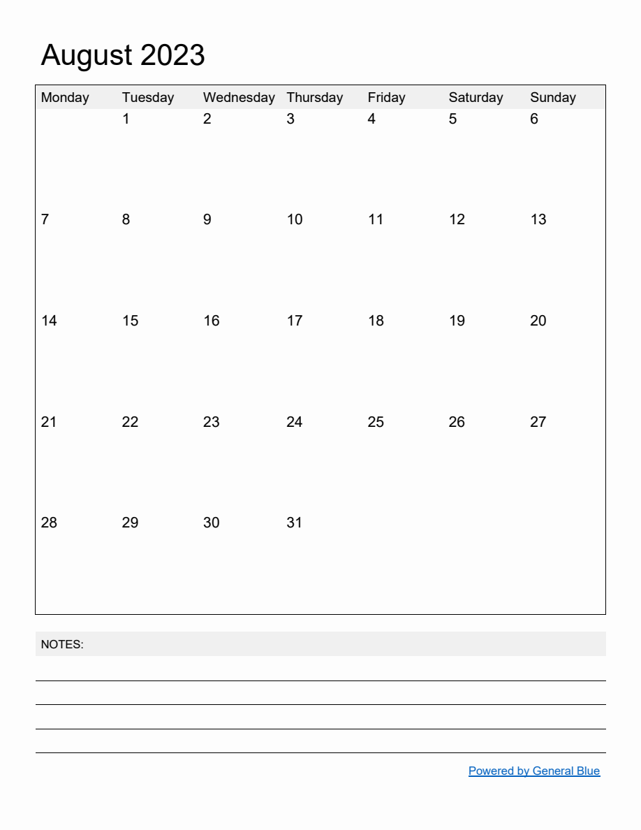 Free Printable Monthly Calendar for August 2023
