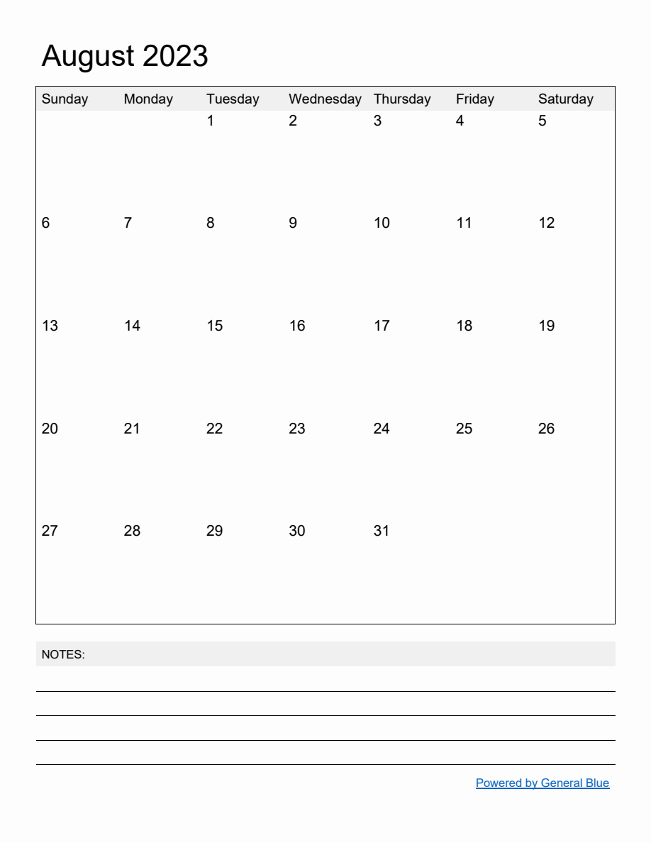 Free Printable Monthly Calendar for August 2023