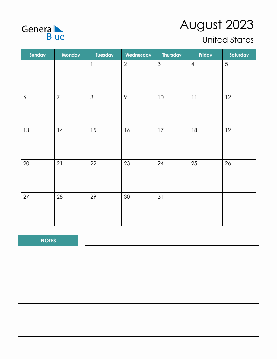 Monthly Planner with United States Holidays - August 2023