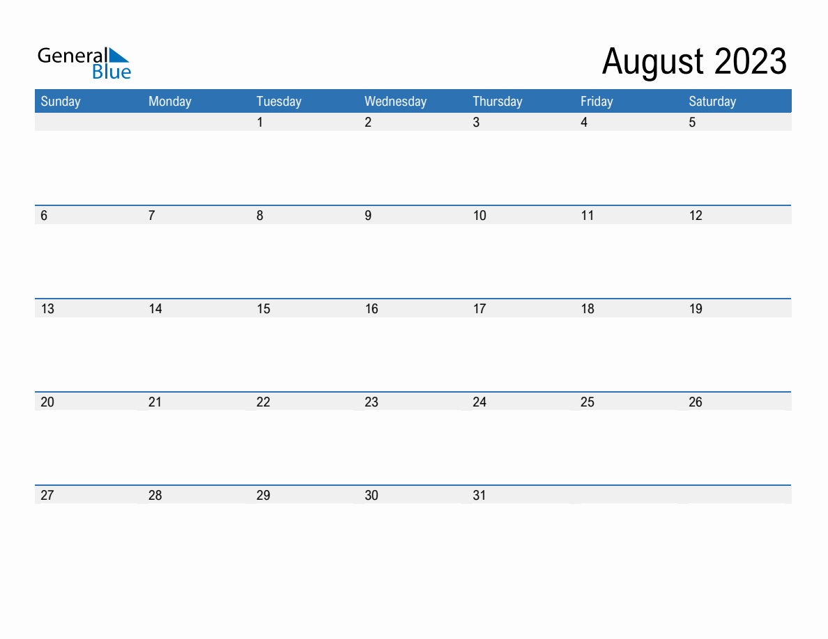 August 2023 Monthly Calendar (PDF, Word, Excel)