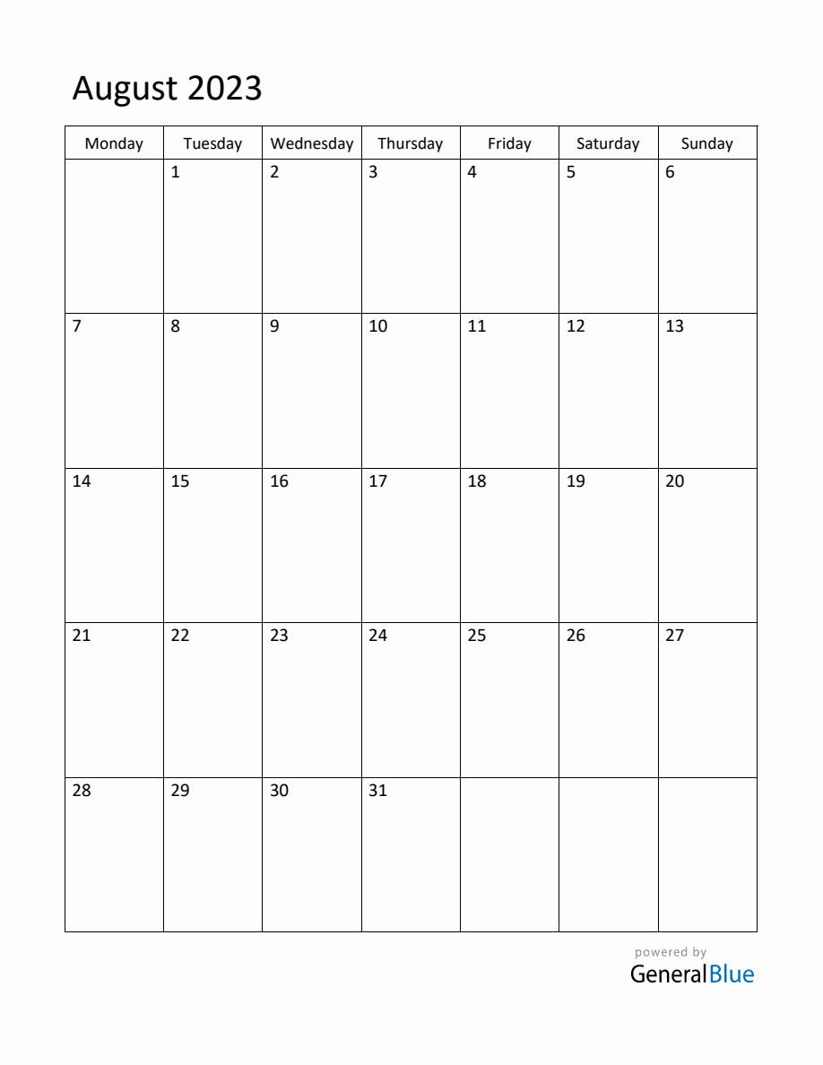 Editable August 2023 Monthly Calendar - Monday Start