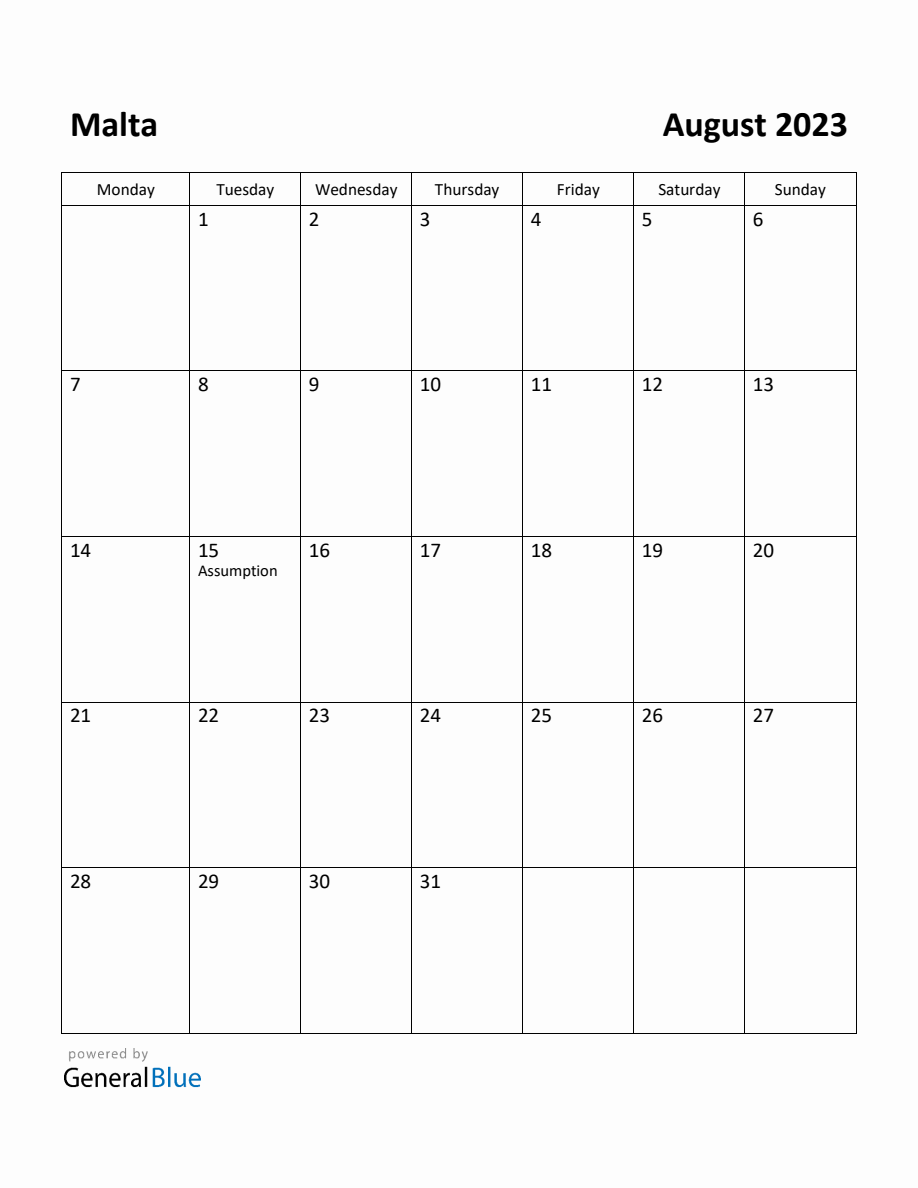 Free Printable August 2023 Calendar for Malta