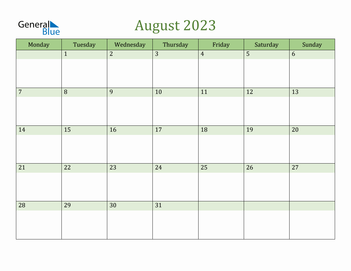 Fillable August 2023 Calendar - Monday Start