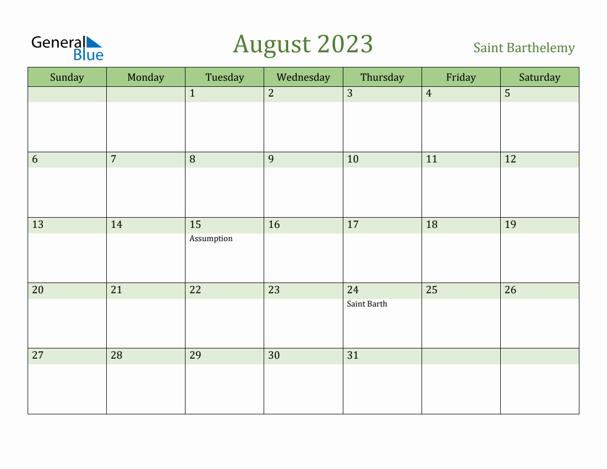 Fillable Holiday Calendar for Saint Barthelemy - August 2023