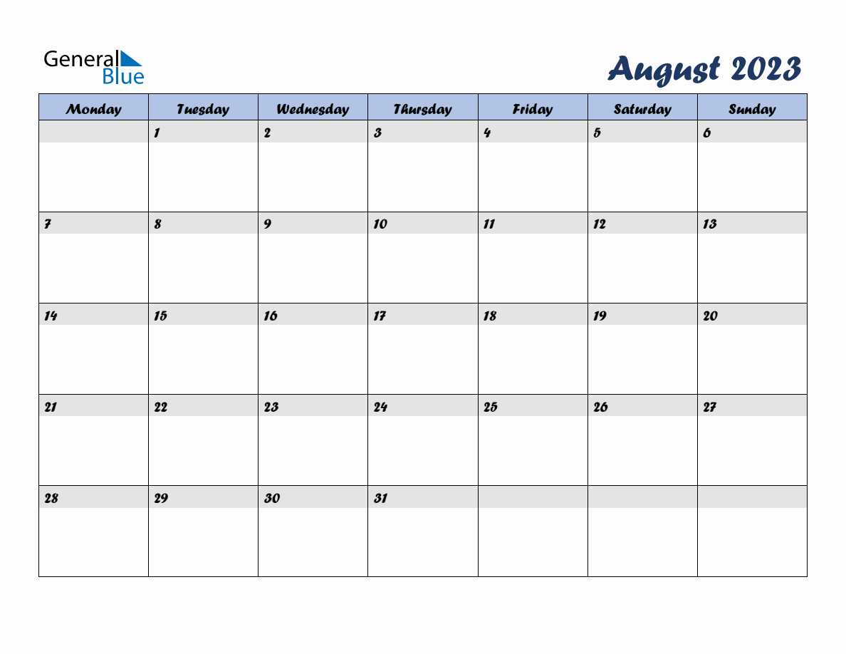 Free August 2023 Monthly Editable Calendar, starting on Monday