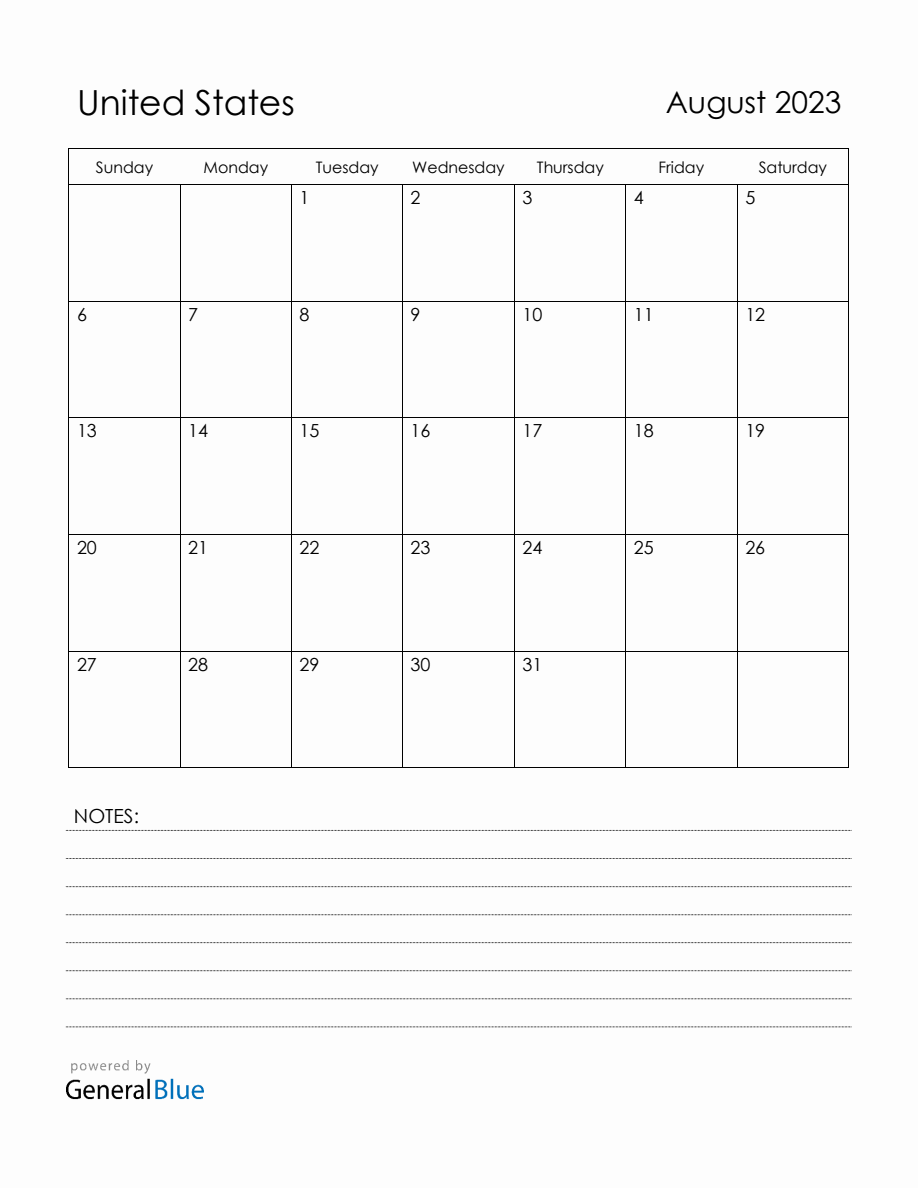 August 2023 United States Calendar with Holidays