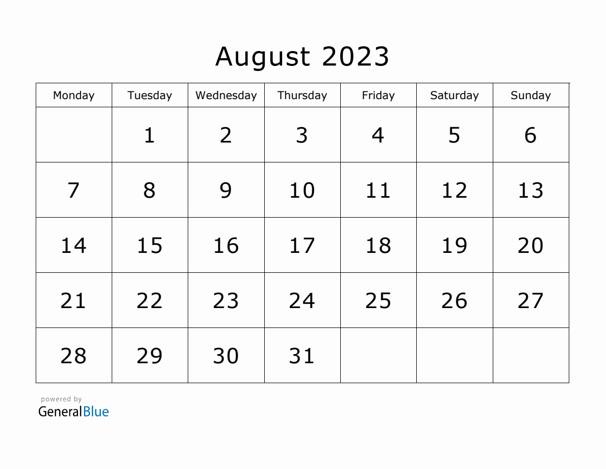 Printable August 2023 Calendar - Monday Start
