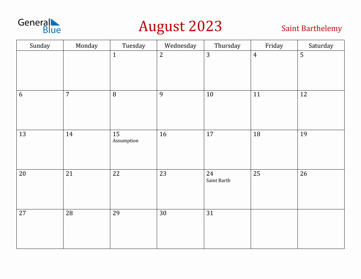 August 2023 Saint Barthelemy Monthly Calendar with Holidays