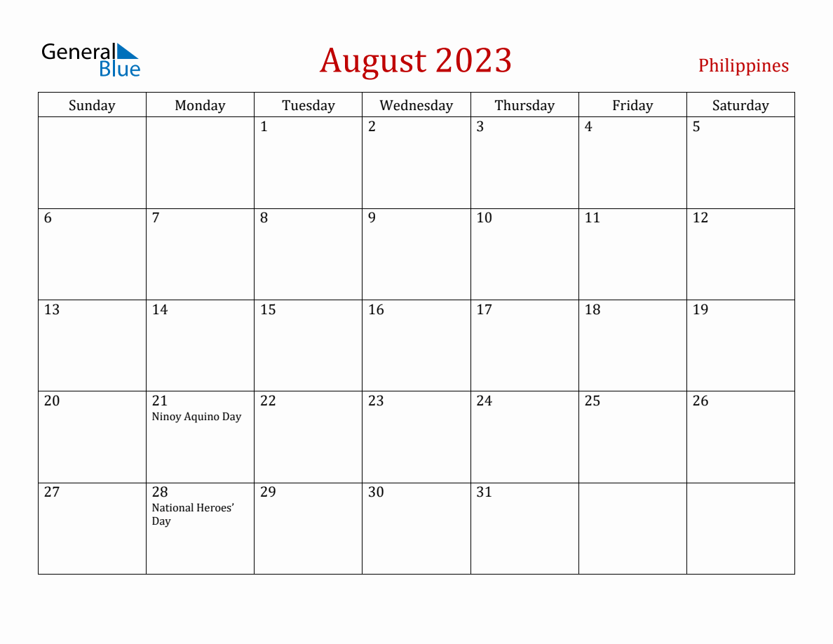 August 2023 Philippines Monthly Calendar with Holidays