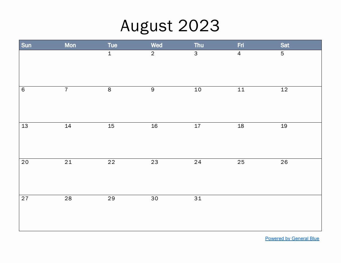 Monthly Calendar Template for August 2023