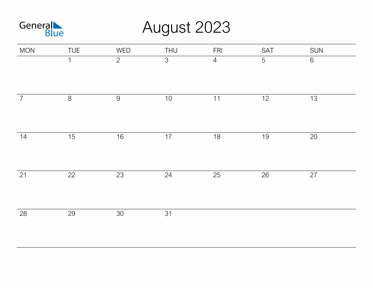 Printable August 2023 Monthly Calendar - Monday Start