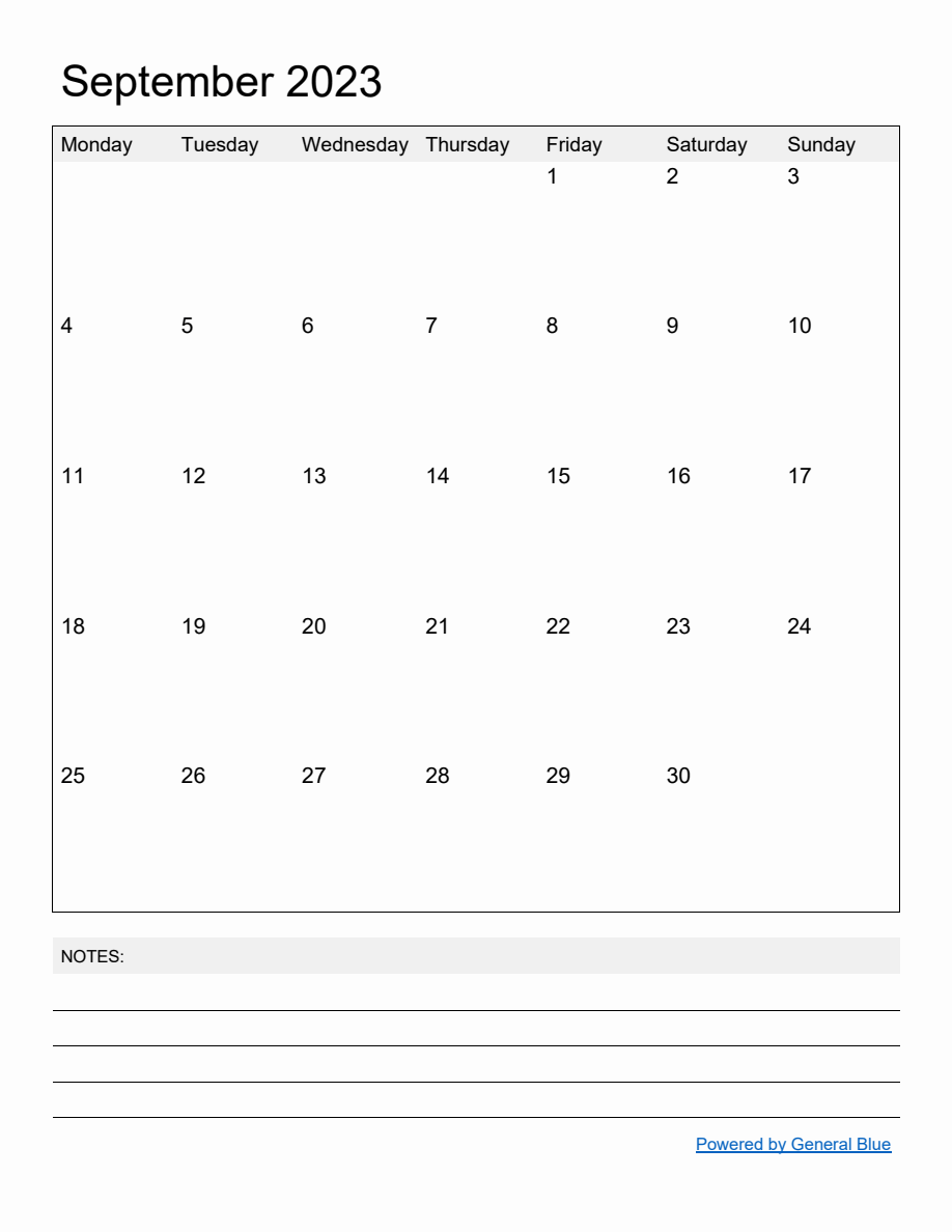 Free Printable Monthly Calendar for September 2023 - Monday Start