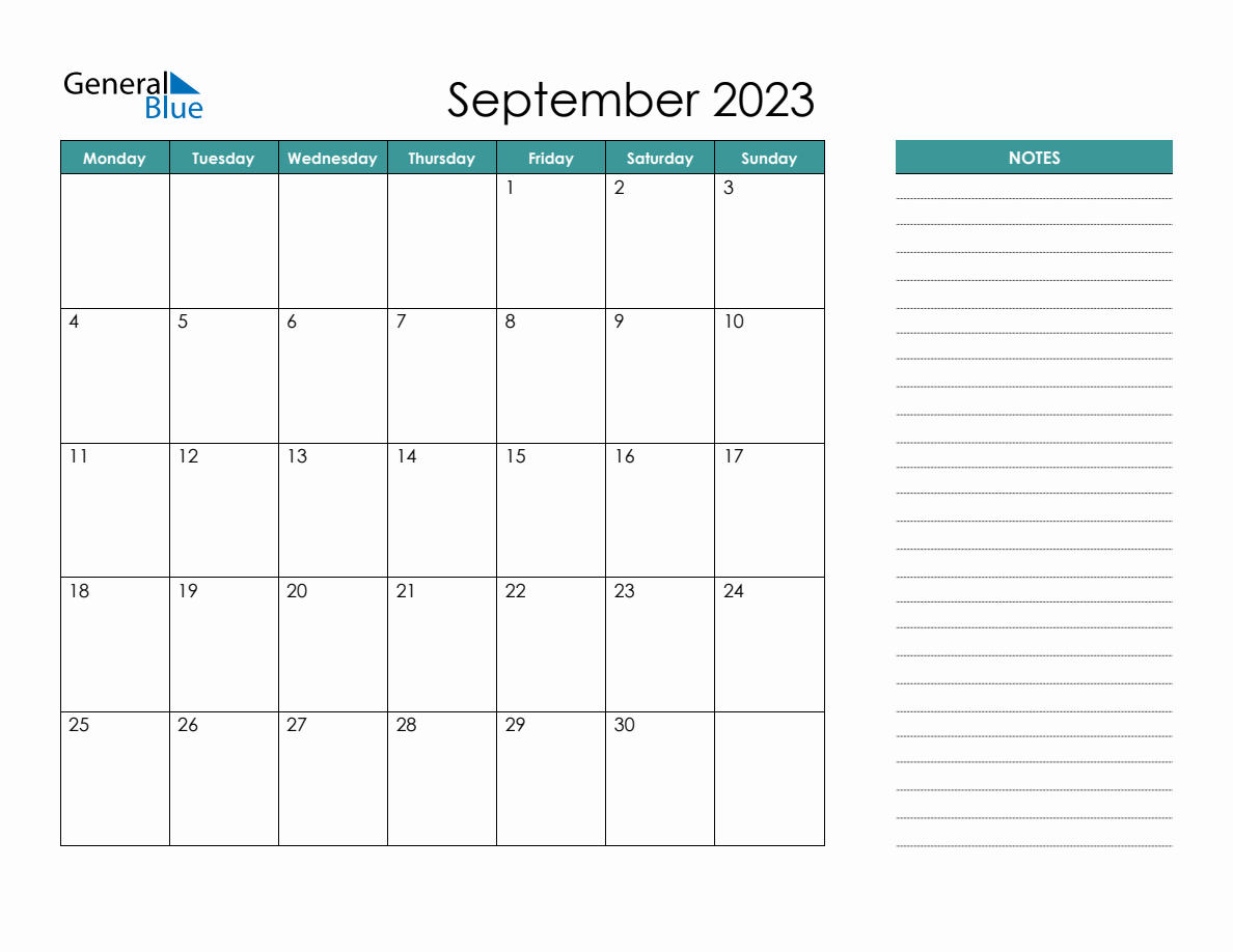 September 2023 Calendar Planner with Notes - Monday Start
