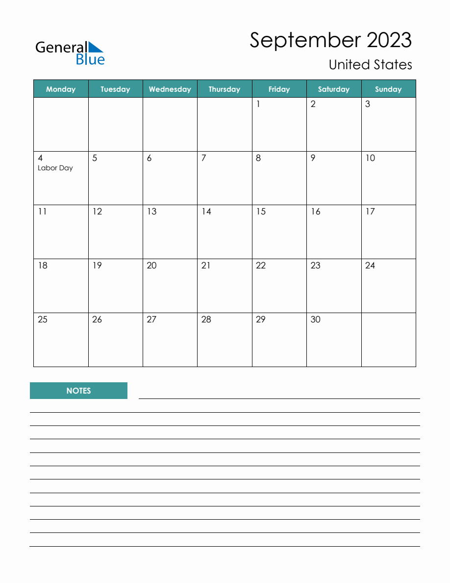 Monthly Planner with United States Holidays - September 2023