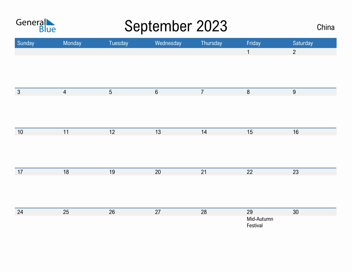 September 2023 Monthly Calendars with China Holidays