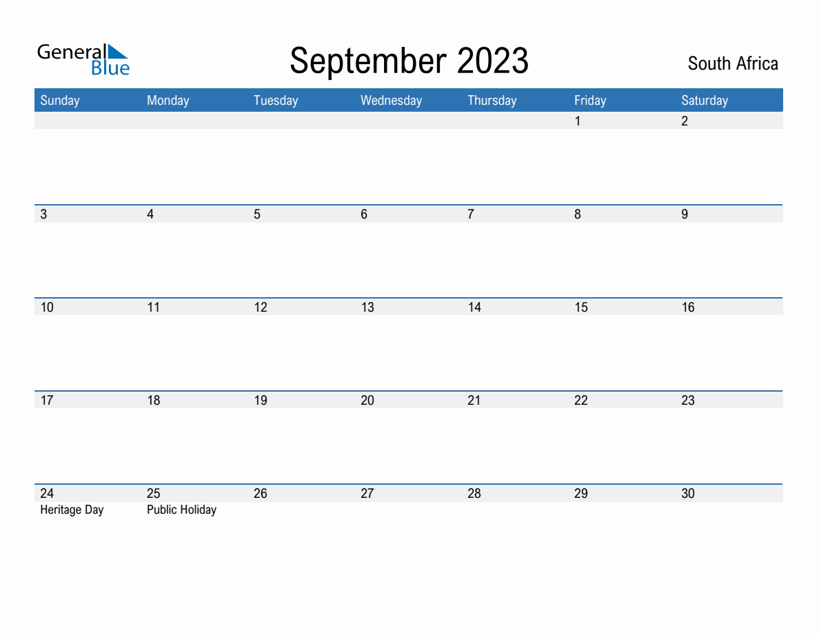 Editable September 2023 Calendar with South Africa Holidays