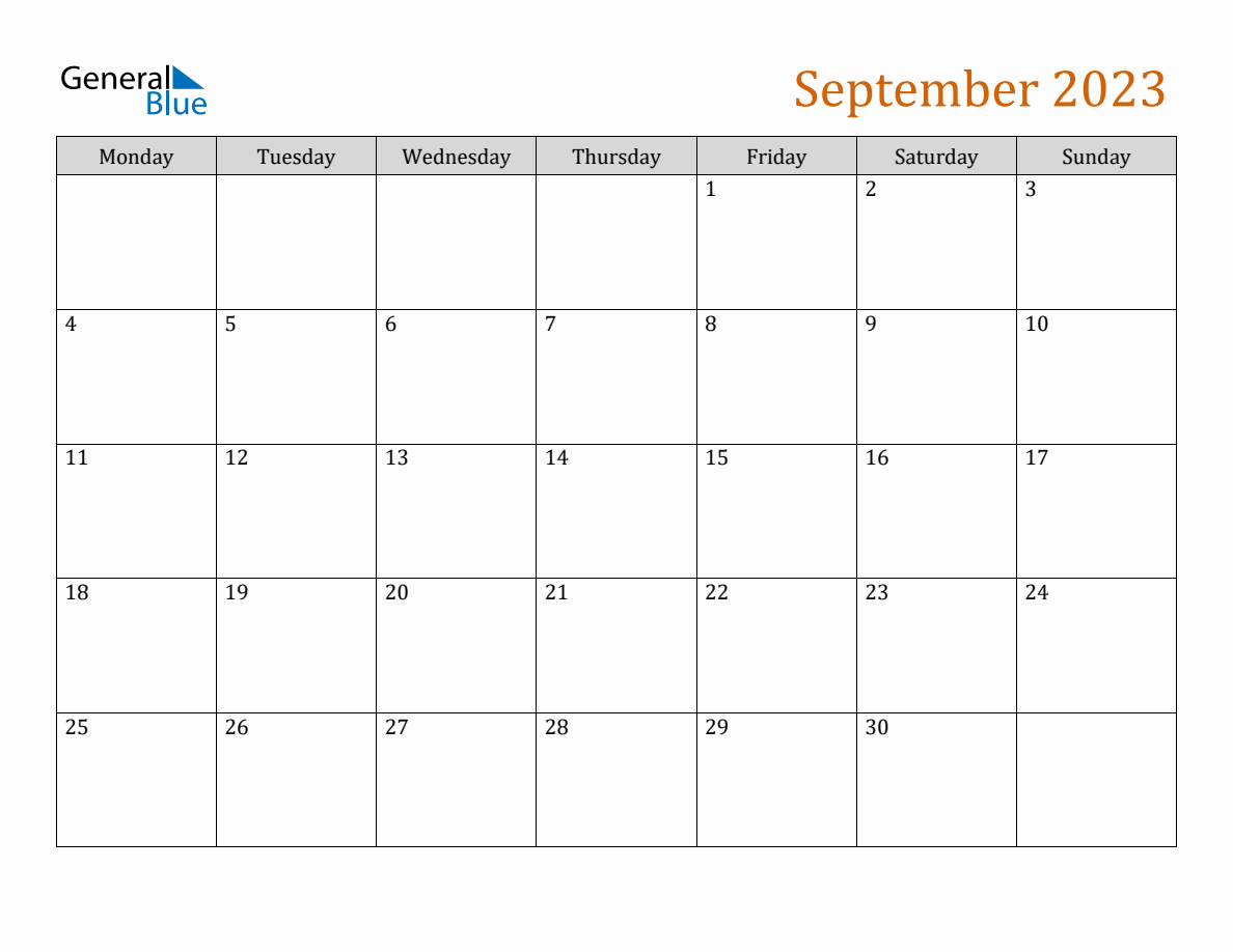 September 2023 Generic Monthly Calendar - Monday Start