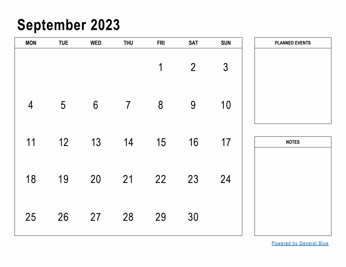 September 2023 Monthly Planner - Monday Start