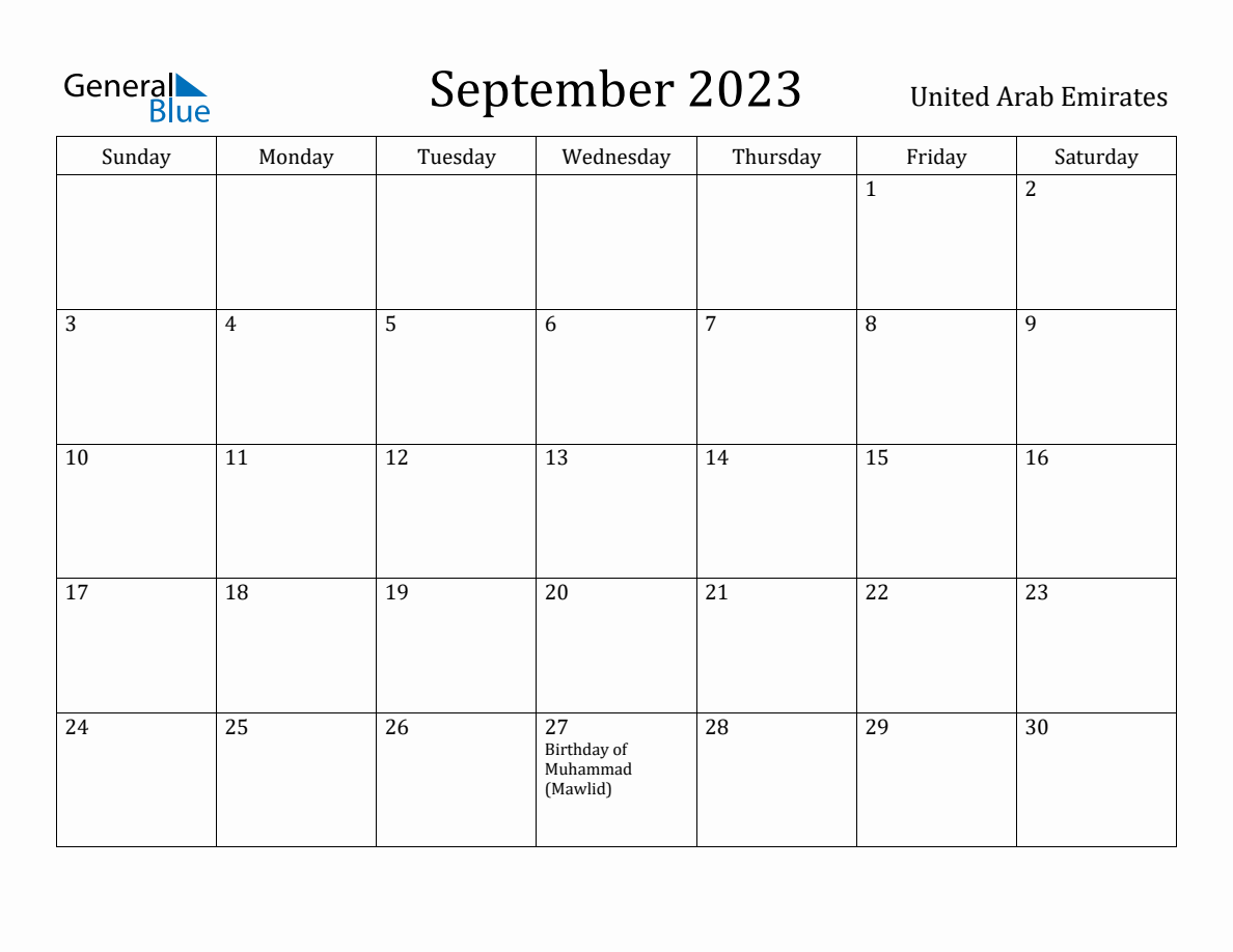 September 2023 Monthly Calendar with United Arab Emirates Holidays