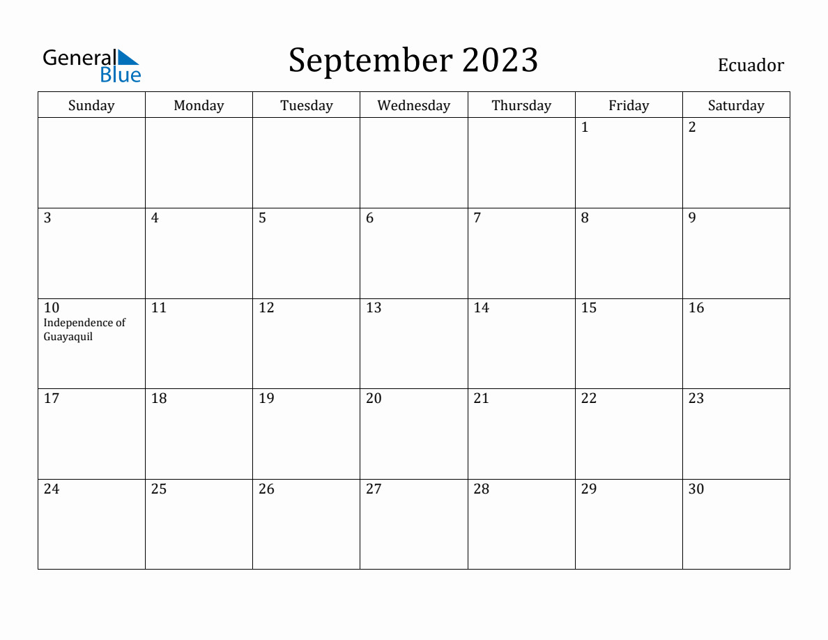September 2023 Monthly Calendar with Ecuador Holidays