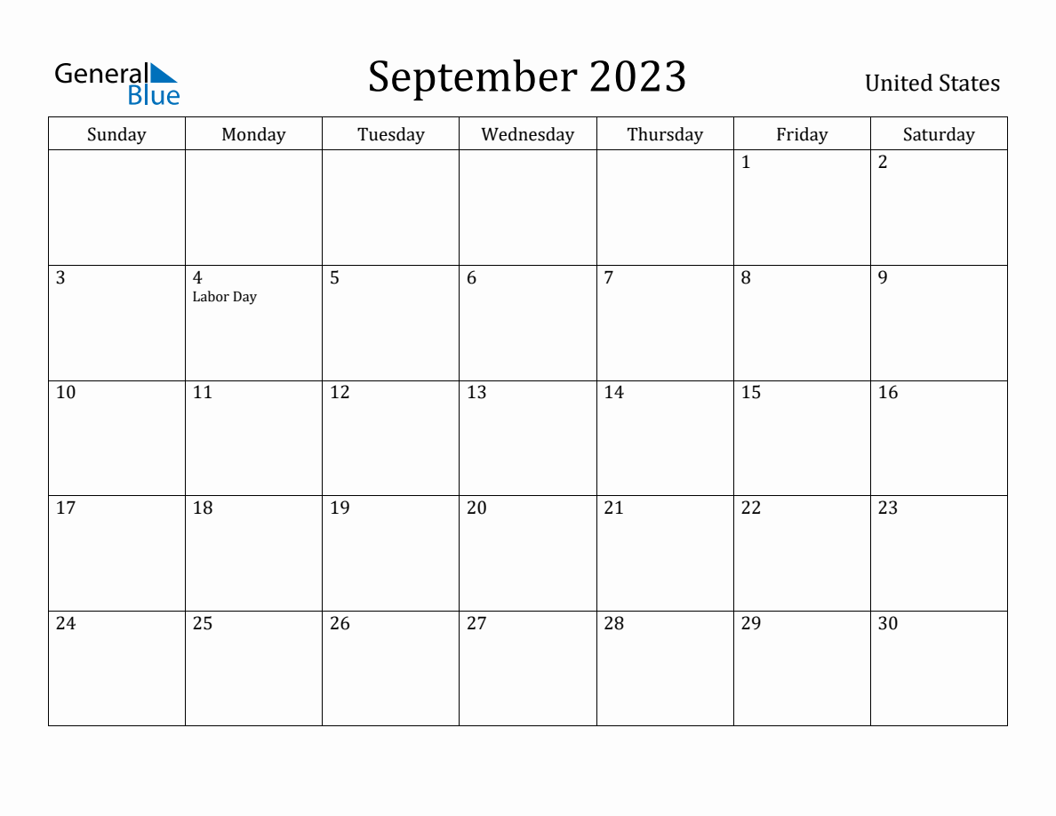 September 2023 Monthly Calendar with United States Holidays